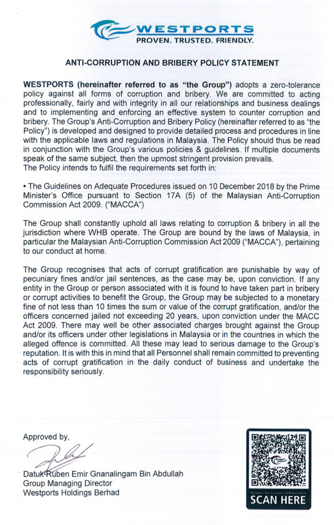 Anti-Corruption Bribery Policy Statement – English – Westports Holdings
